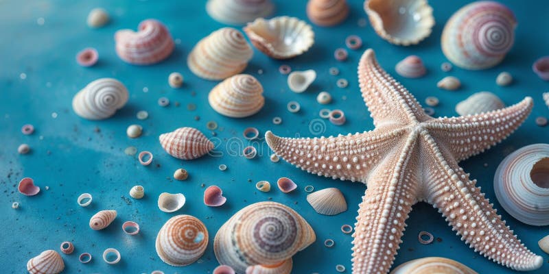 A Blue Background with Shells and a Starfish Stock Image - Image of ...
