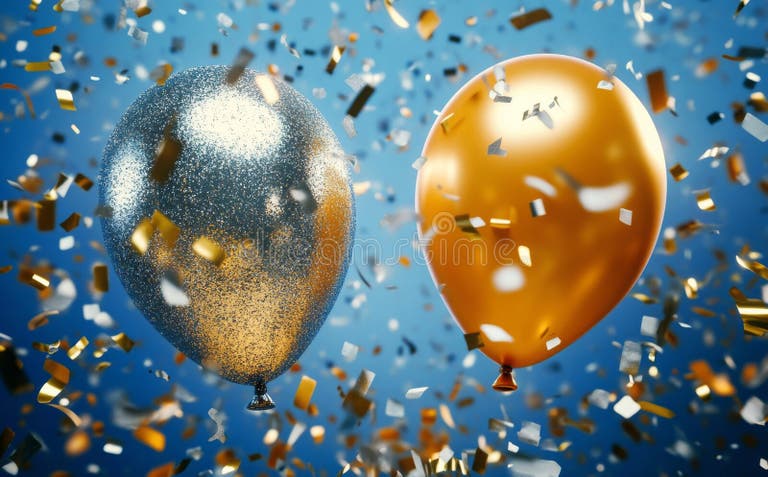 On a Blue Background, Silver Balloons Float Alongside Gold Confetti ...