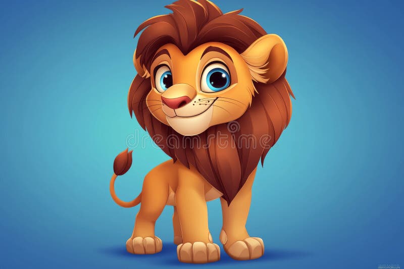 On Blue Background, a Smiling Cartoon Lion Cub is Standing, Friendly ...