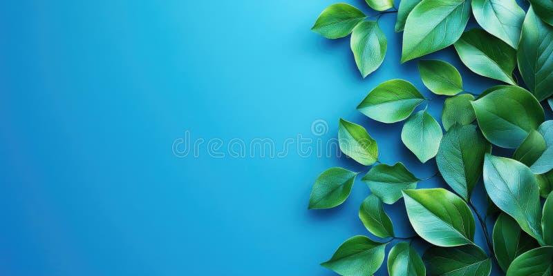 Blue Background Template Framed with Green Leaves, Fresh Green Leaves ...