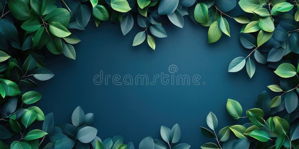 Blue Background Template Framed with Green Leaves, Fresh Green Leaves ...