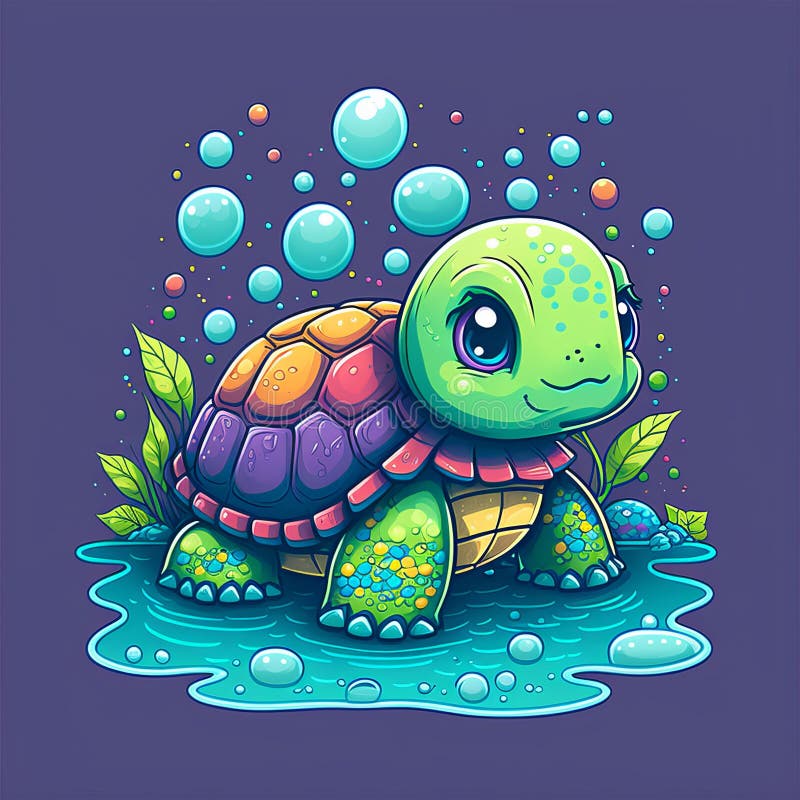 On a Blue Background Turtle Under Water Cartoon Stylization Drawing for ...
