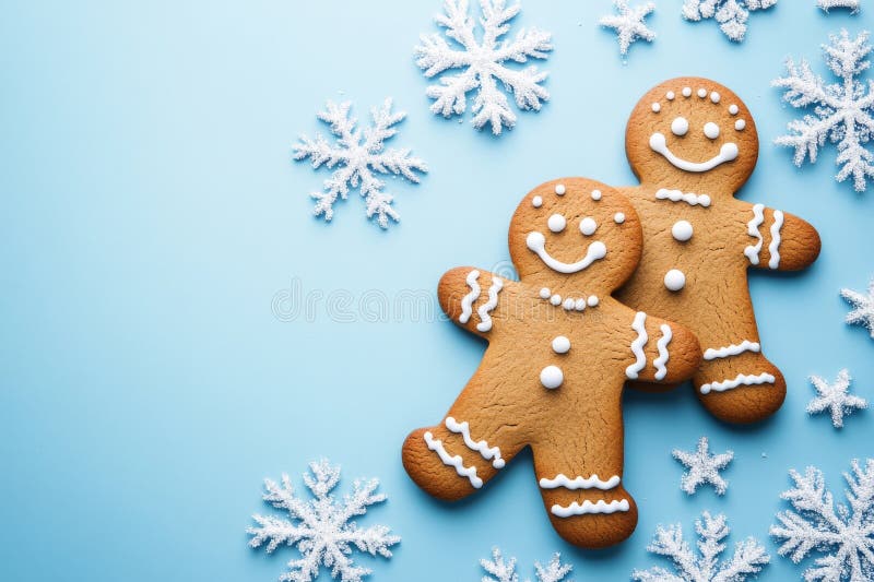 On a Blue Background, Two Gingerbread Men are Smiling and Standing ...