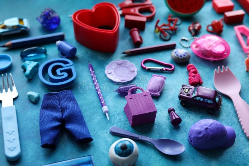 A Blue Background with a Variety of Colorful Toys and Items Stock Image ...