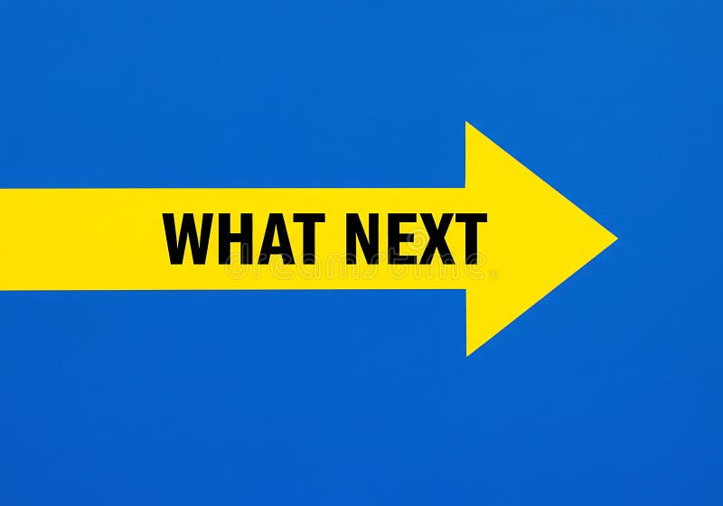 Blue Background What Next Text with Bold Yellow Arrow Design Stock ...