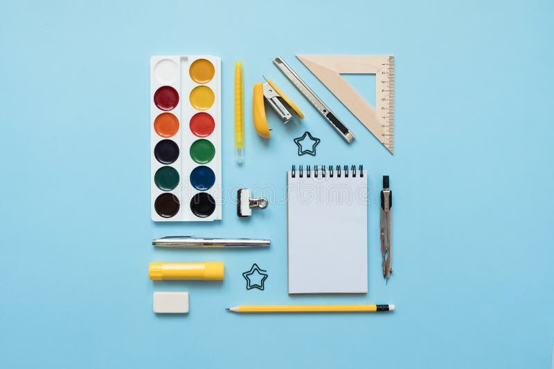 Blue Background and Yellow School Supplies. Back To School Stock Image ...