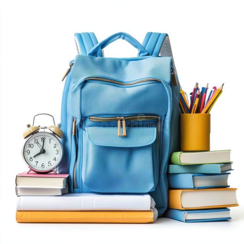 Blue Backpack with Alarm Clock and School Equipment. Back To School ...
