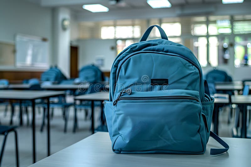 Blue Backpack on Classroom Desk in an Empty Schoolroom, Back To School ...