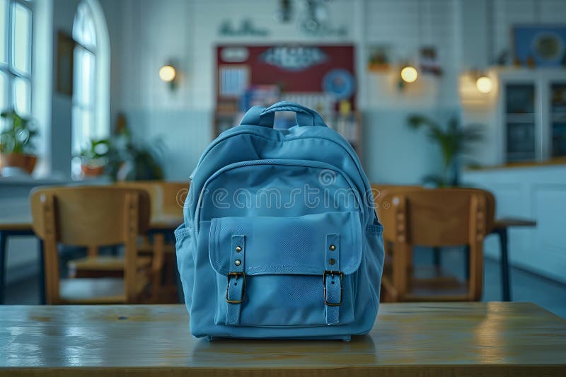 Blue Backpack on Classroom Desk in an Empty Schoolroom, Back To School ...