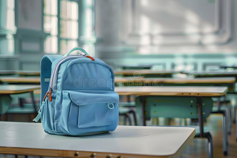 Blue Backpack on Classroom Desk in an Empty Schoolroom, Back To School ...