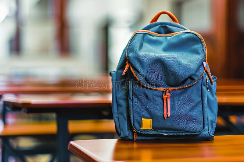 Blue Backpack on a Desk in the Classroom. Back To School Concept Stock ...