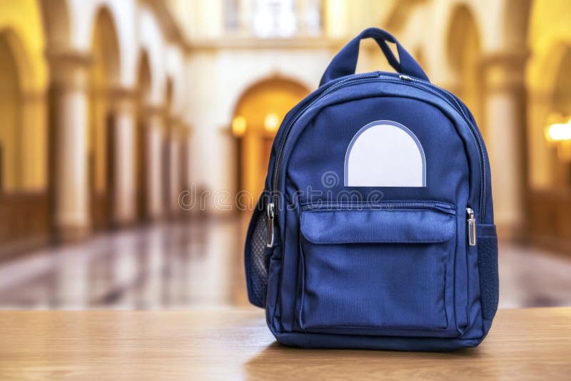 Blue Backpack in Elegant Hallway Setting with Arched Architecture Stock ...