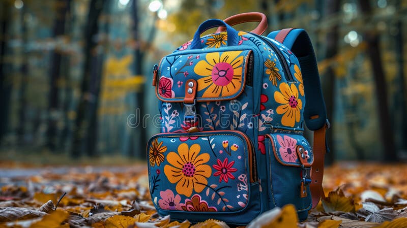 A Blue Floral Backpack Sitting on Fall Leaves in a Forest Stock ...