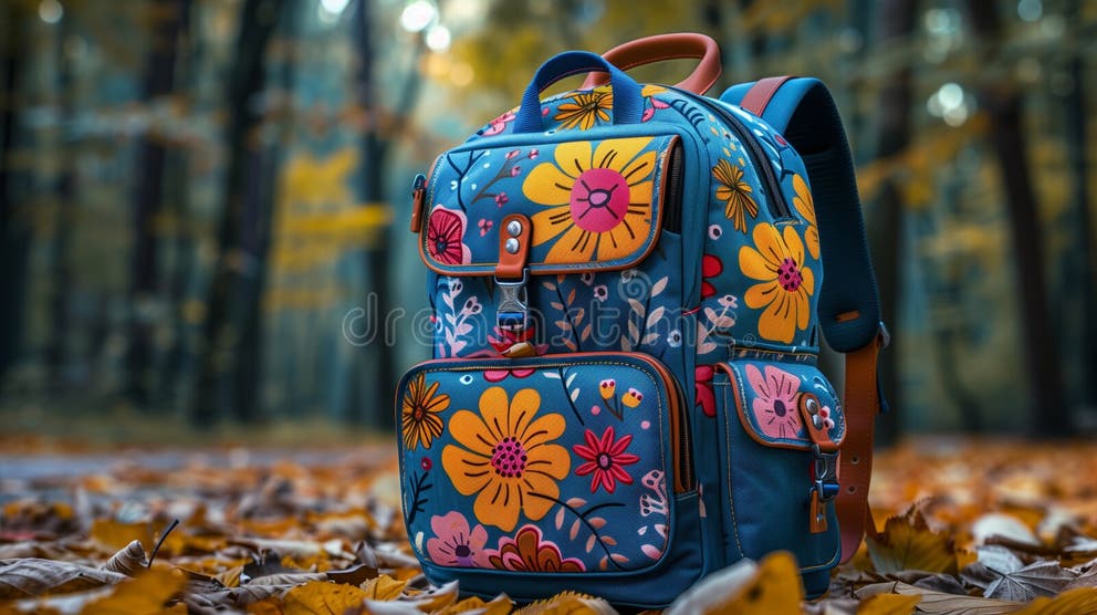 A Blue Floral Backpack Sitting on Fall Leaves in a Forest Stock ...