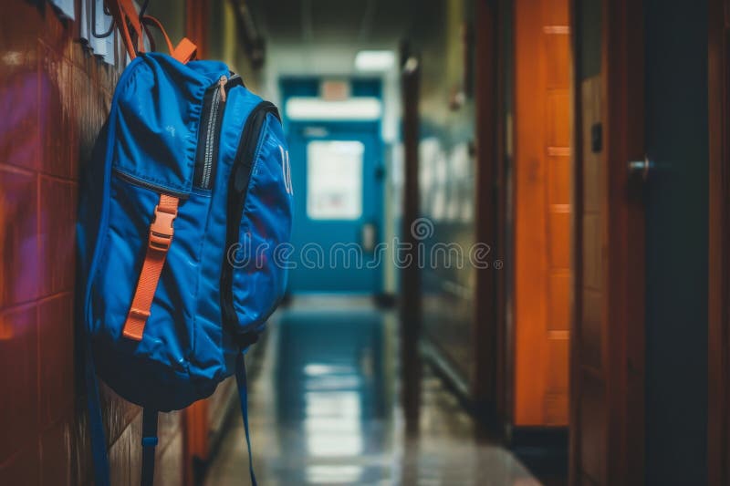 Blue Backpack Hanging on a Hook in a School Corridor. Stock Image ...