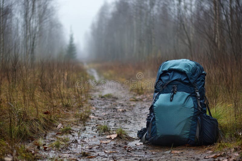 Blue Backpack on Muddy Forest Path in Foggy Weather Stock Illustration ...