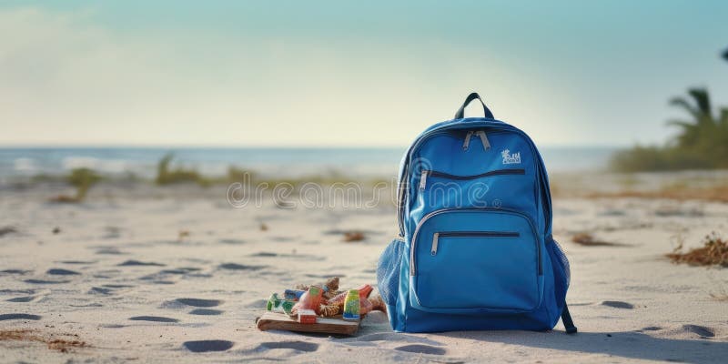 Blue Backpack and Sand on the Beach. Travel and Summer Concept Stock ...