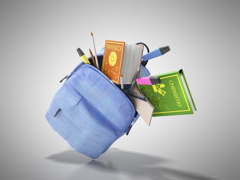 Blue Backpack with School Supplies 3d Render on Grey Stock Illustration ...