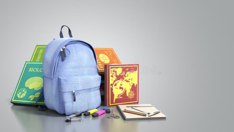 Blue Backpack with School Supplies 3d Render on Grey Stock Illustration ...