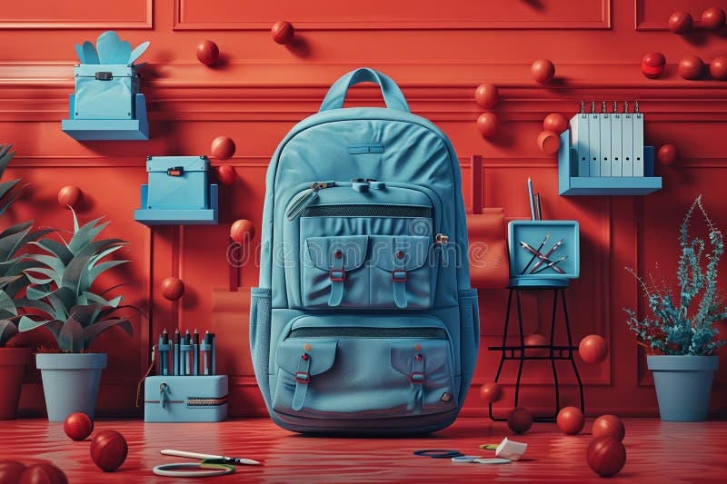 Blue Backpack with Red Background and Scattered Items Stock Photo ...