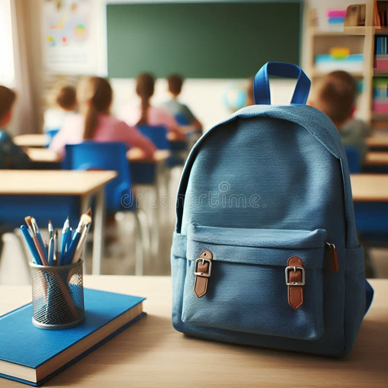 School Day Essentials: Blue Backpack on Student S Desk, Generative AI ...