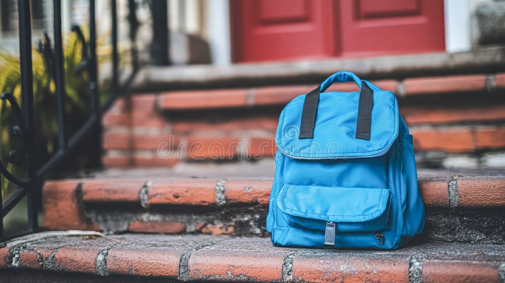 Blue Backpack is Sitting on a Brick Step Stock Photo - Image of male ...