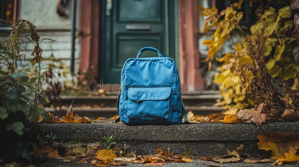 Blue Backpack is Sitting on a Concrete Step in Front of a Green Door ...