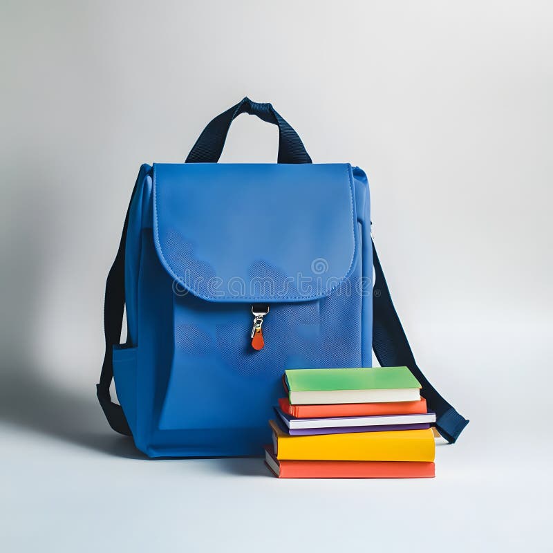 Blue Backpack with Stack of Books Back To School Supplies Stock ...