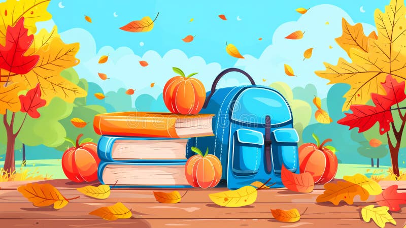 Blue Backpack, Stack of Books, and Pumpkins Stock Illustration ... Blue Backpack, Stack of Books, and Pumpkins Stock Illustration ...