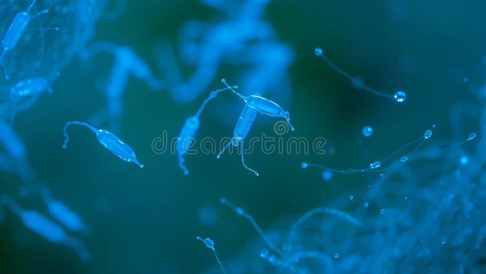 Blue Bacteria Swimming in an Underwater Environment, Microscopic View ...