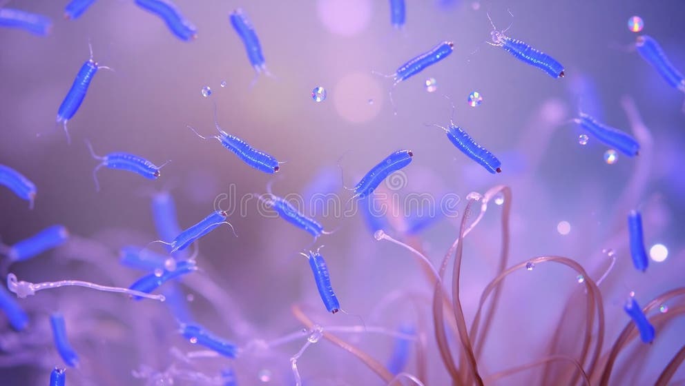 Blue Bacteria Swimming in an Underwater Environment, Microscopic View ...
