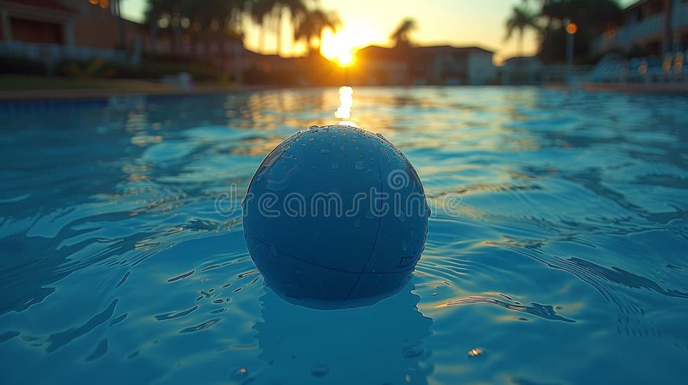 A Blue Ball Floating in a Pool with Sun Setting Behind it, AI Stock ...