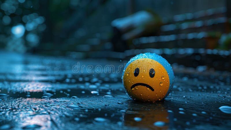 A Blue Ball with a Frowning Face is Sitting in a Puddle of Water Stock ...