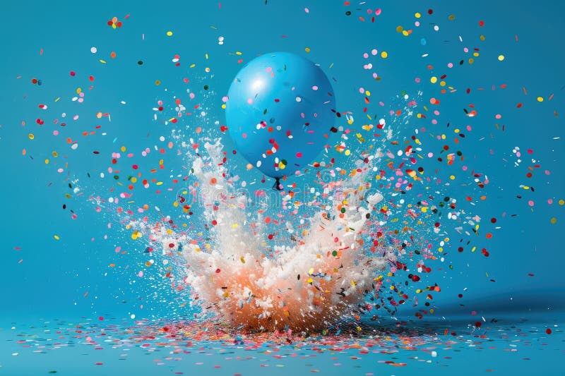 Blue Balloon Burst with Confetti Explosion on Blue Background Stock ...