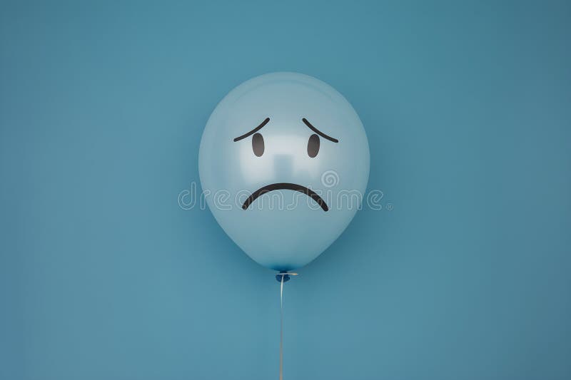 Blue Balloon with Sad Face, Frown and Eyebrows, Floating Against Solid ...