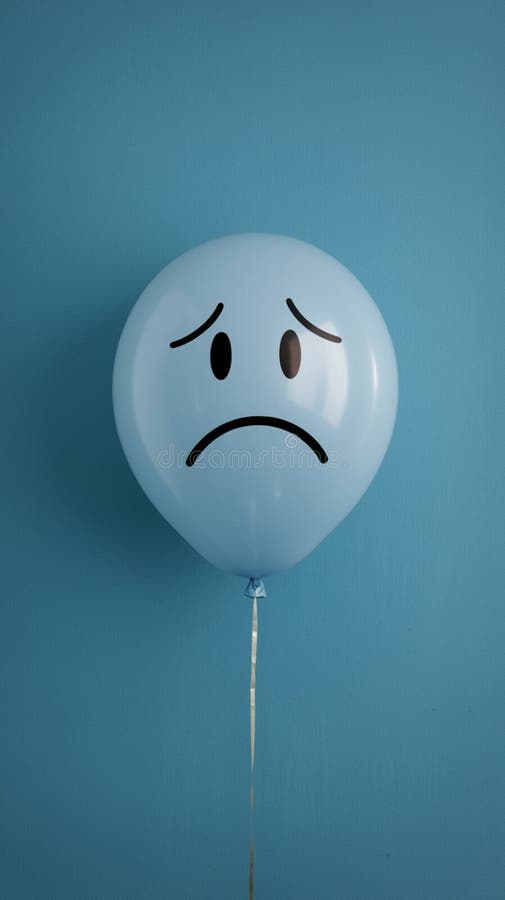 Blue Balloon with Sad Face, Frown and Eyebrows, Floating Against Solid ...