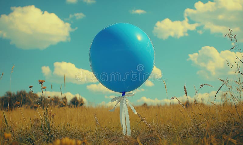 Blue Balloon Standing Alone in a Golden Field Under a Bright Sky with ...