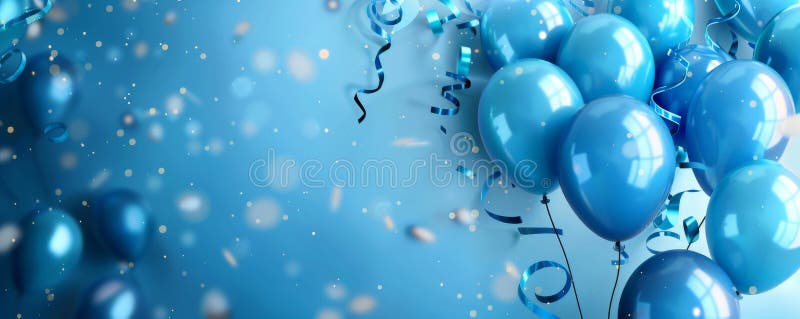 Blue Balloons Celebration Background with Ribbons and Confetti Stock ...