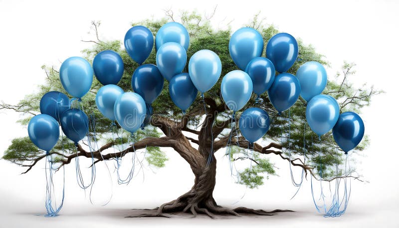 Blue Balloons Tied To a Tree on a White Background, Creating a Cheerful ...