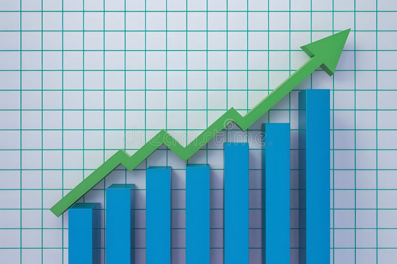 Blue Bars Ascend, Green Zigzag Line Indicates Progress on White Grid ...