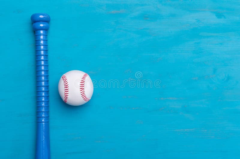 Blue Baseball Bat and Ball on Blue Wooden Background Stock Photo ...