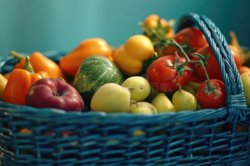 A Blue Basket Filled with Assorted Fruits and Vegetables Stock ...