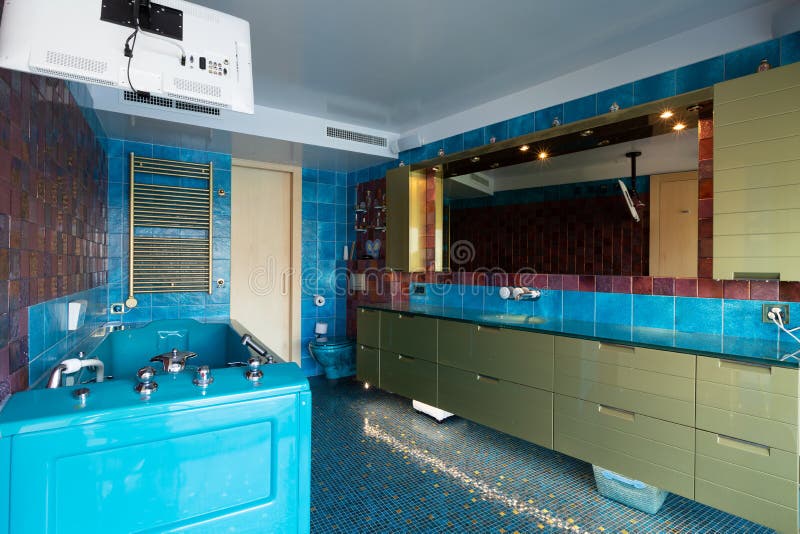 Blue Bathroom with Jacuzzi and Television Stock Image - Image of empty ...