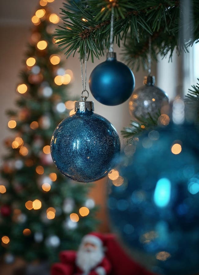 Blue Baubles Christmas Decorations and Christmas Lights Hanging from a ...