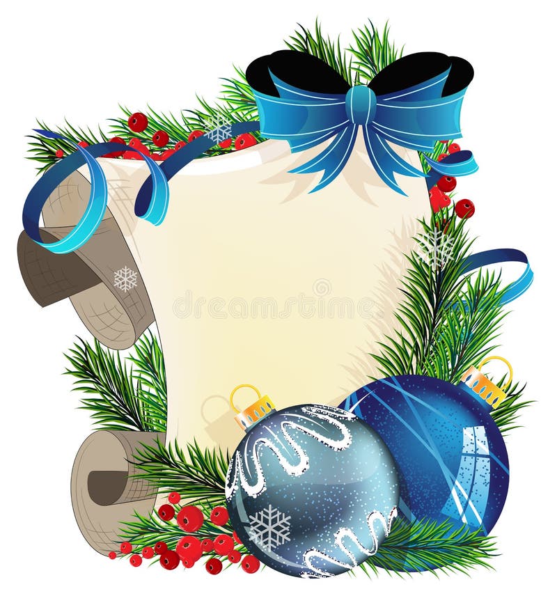 Blue Baubles and Paper Scroll Stock Vector - Illustration of needles ...
