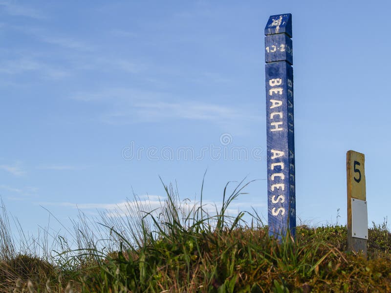 Blue Beach Access Sign on Papamoa Dunes. Stock Image - Image of ...
