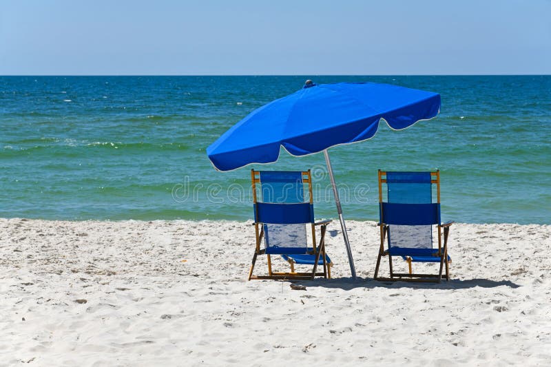 Blue Beach Chairs with Umbrella on Gulf Shores Beach Stock Photo ...