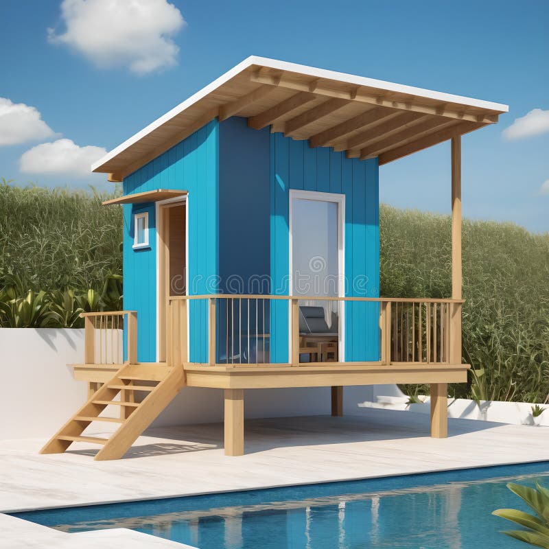 Blue Beach House with Pool. Stock Illustration - Illustration of deck ...