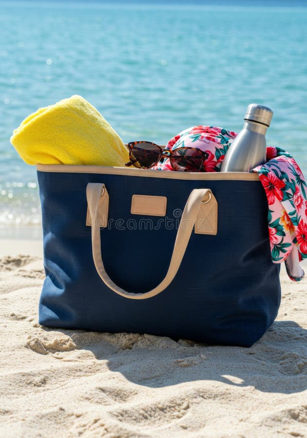 Blue Beach Tote Bag with Summer Essentials on Sandy Beach Stock Image ...