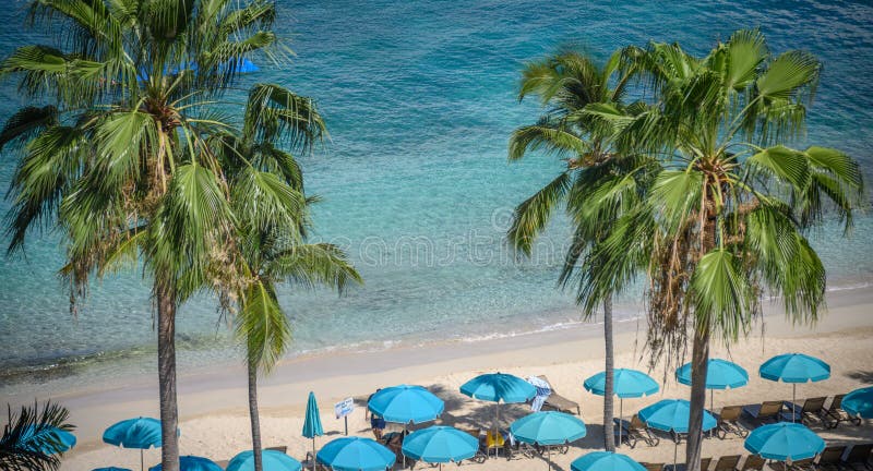 Blue Beach Umbrellas on a Tropical Shore Stock Photo - Image of ...